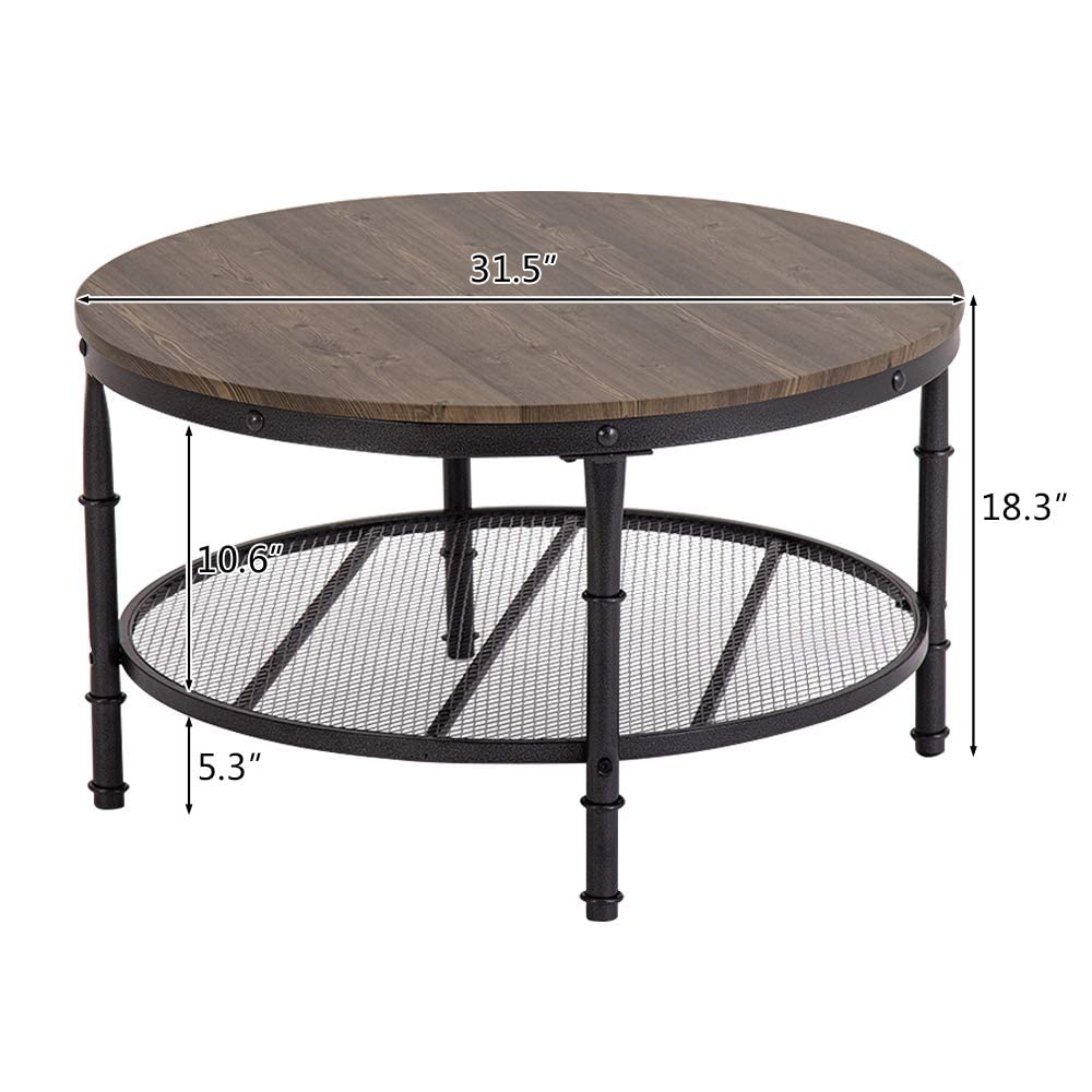 Bonnlo Circle Coffee Table, 31.5" Small Round Coffee Table Industrial Coffee Table Round Farmhouse Coffee Table in 2-Tier, Coffee Table with Storage Wire Coffee Table Lobby Coffee Table, Rustic