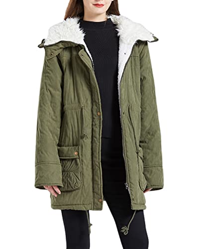 MEWOW Women's Winter Mid Length Thick Warm Faux Lamb Wool Lined Jacket Coat (M, ArmyGreen)