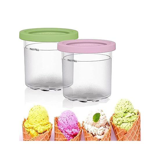 EVANEM 2/4/6PCS Creami Deluxe Pints, for Ninja Creami Cups,16 OZ Ice Cream Containers for Freezer Bpa-Free,Dishwasher Safe Compatible with NC299AMZ,NC300s Series Ice Cream Makers,Pink+Green-2PCS