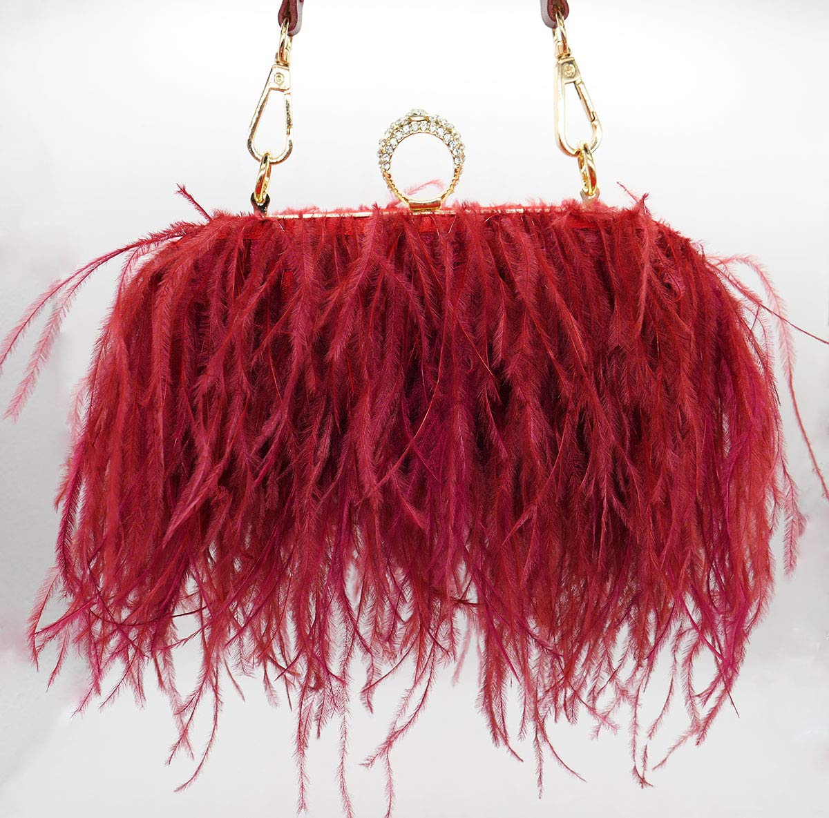 QEBURI Women Fluffy Ostrich Feather Evening Dress Clutch Bag Purse Shoulder Bag (Wine)