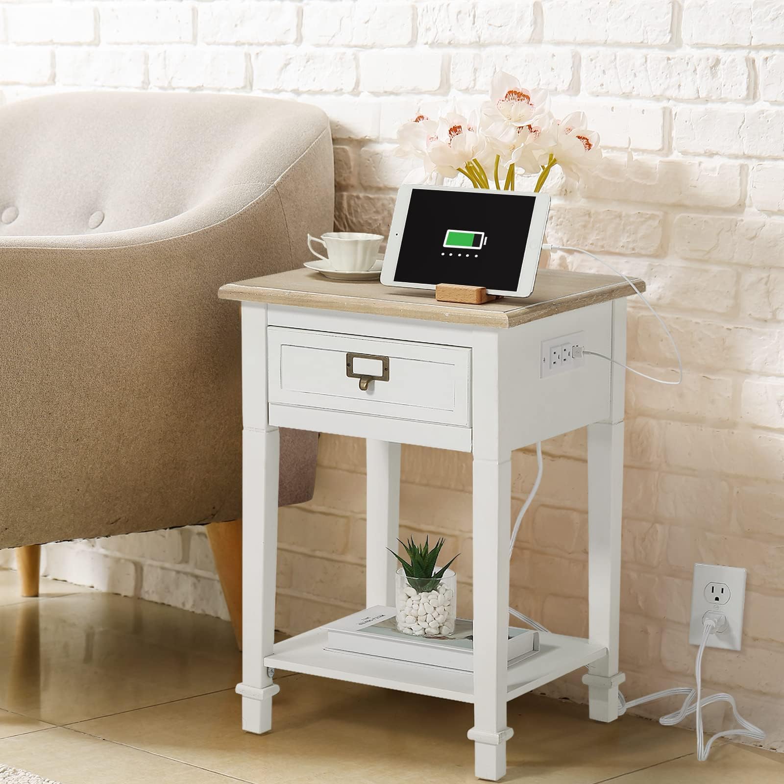 Wnutrees End Table with Charging Station,2 USB Ports and 2 Outlets,Nightstand Bedside Table with Drawer and Open Storage Shelf,for Living Room Bedroom,White,Set of 2