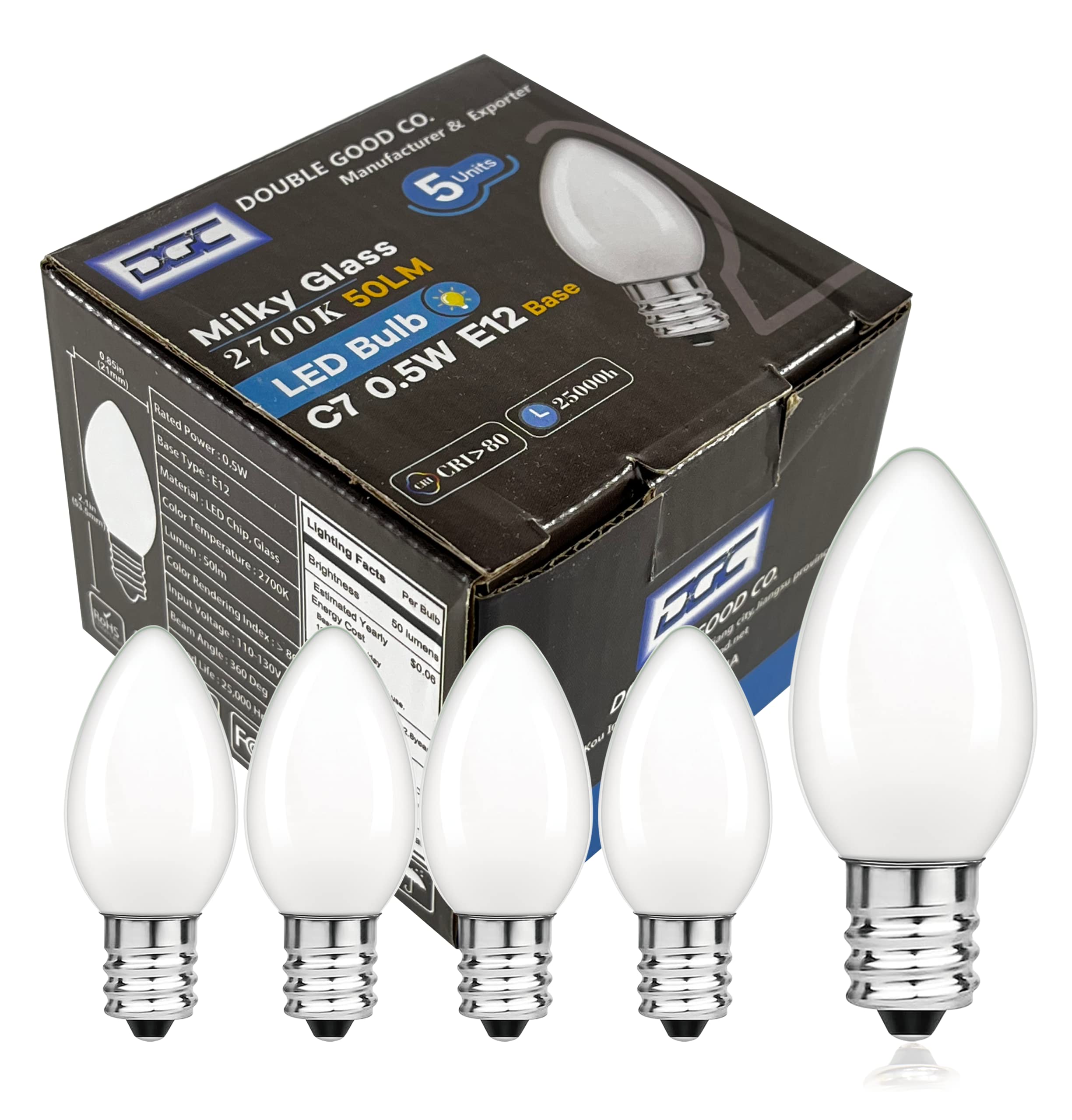C7 E12 Base Milky Led Filament Bulb Replacement Lights 0.5 Watts Decorative Nightlight Lamp 4W 5W Equivalent Candle Bulb Pack of 5 (5, 2700K Milky)