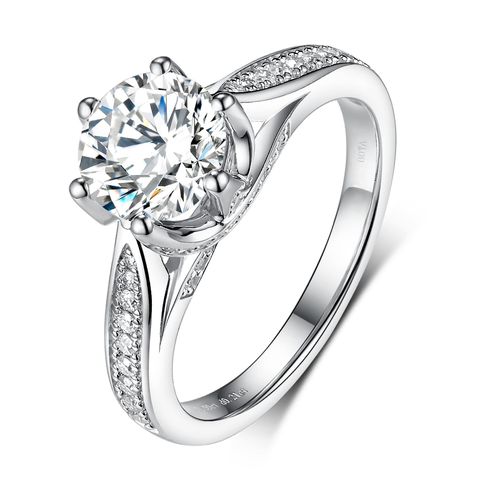 boya 1.0 Carat Moissanite Ring, Platinum Plated Sterling Silver Round Cut Solitaire Ring for Women, Engagement, Promise, Wedding Ring