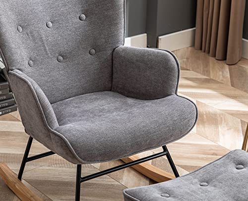 VESCASA Linen Rocking Chair with Tufted Wingback,23.5" Wide Midcentury Modern Indoor Glider Rocker with Arms for Nursery/Reading/Living Room/Bedroom, Grey