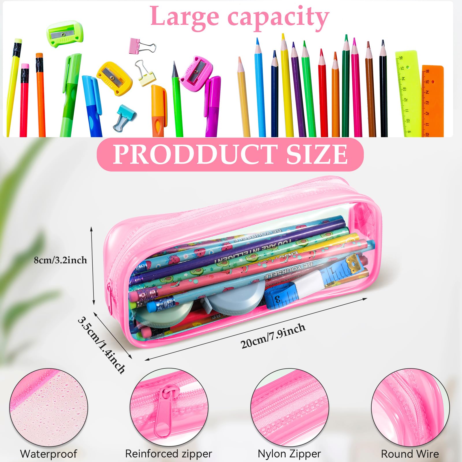Fulmoon 30 Pcs Pencil Case Clear PVC Zipper Durable and Thick Pencil Bag Makeup Pouch Clear Zipper Pen Pouches Clear Pencil Case for Pencils Cosmetics(Pink)