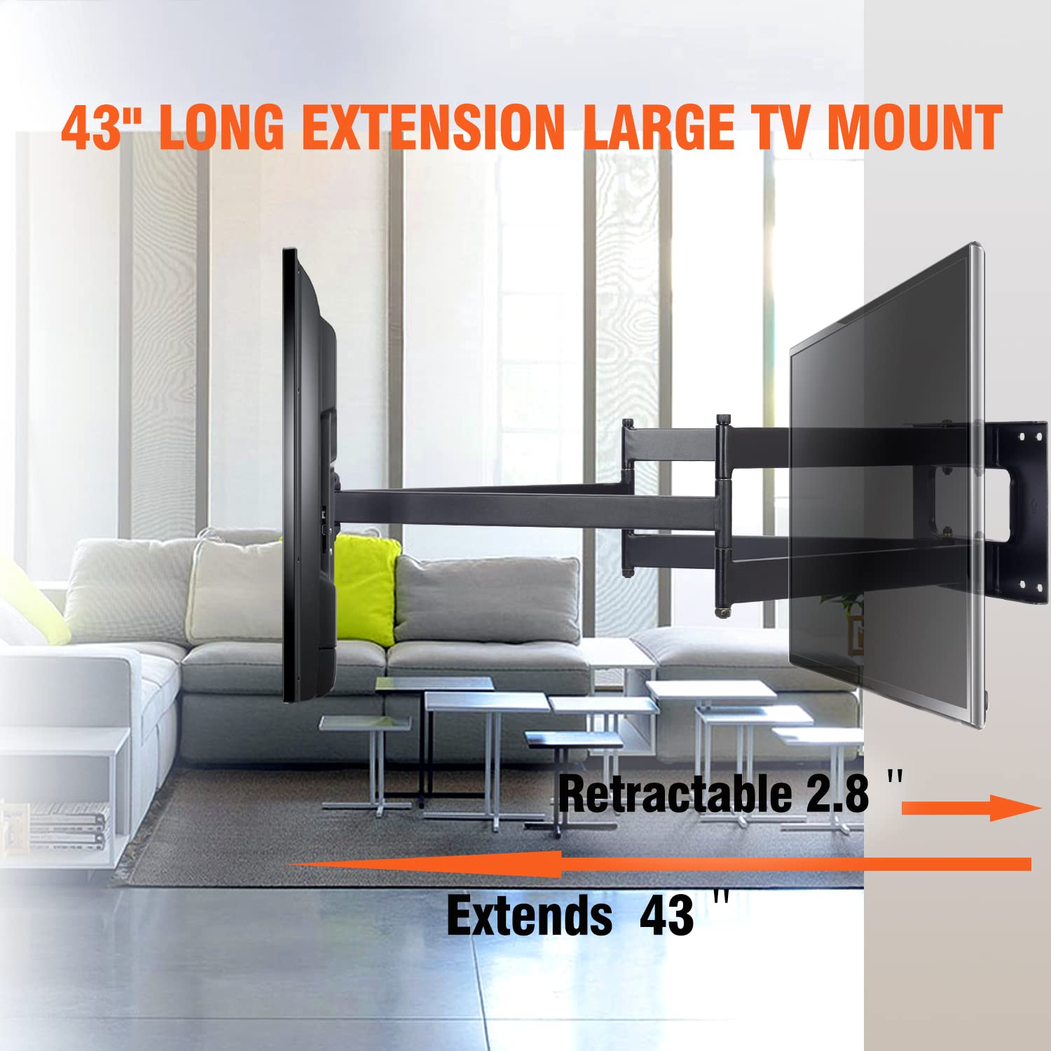 Heavy Duty Long Arm TV Wall Mount,43'' Dual Articulating Arm, Full Motion Swivel Tilt Level,Fits 50-95" TVs,Holds 165 lbs,VESA 800x400mm, Easy Installation,Space Saving