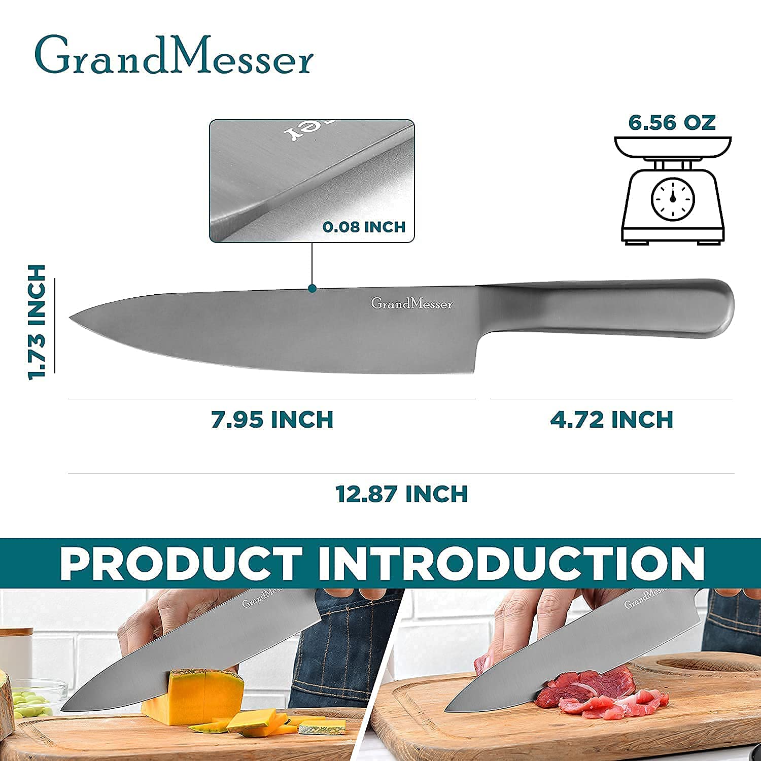 Cooking Chef Knife, 8 Inches Carbon Stainless Steel Kitchen Knife with Sharpener and Ergonomic Handle, Chopping Knife for Professional Use(Matte Stainless)