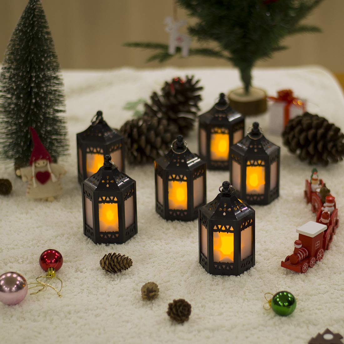 Mini Star Lantern with Flickering LED,Battery Included,Decorative Hanging Lantern,Christmas Decorative Lantern,Indoor Candle Lantern,Battery Lantern Indoor Use,Zkee(Set of 6 Copper Brushed)