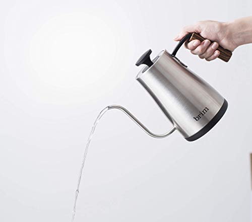 Brim 0.8L Gooseneck Kettle w Wood Handle, Easy Brewing Pour Over Coffee, Tea or Hot Beverages, 6 Variable Temperature Presets, Capacitive Smart Touch Interface, Cordless Power Base, Stainless Steel