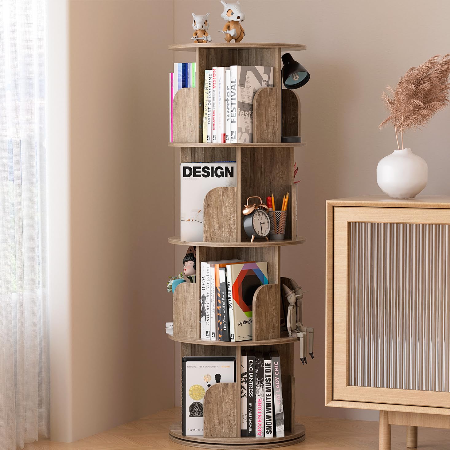 GOOFCXO 4 Tier Rotating Bookshelf, 360° Revolving Bookcase Wood Rotating Stackable Shelves Floor-Standing Storage Display Rack Used in Bedrooms Living Rooms Study Office (52"x18"x18")