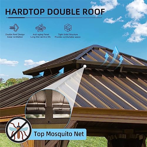 Evedy Gazebo 12x12, Hardtop Gazebo, Wooden Coated Aluminum Frame Canopy with Galvanized Steel Double Roof, Netting and Curtains Included, for Patio, Deck and Lawn