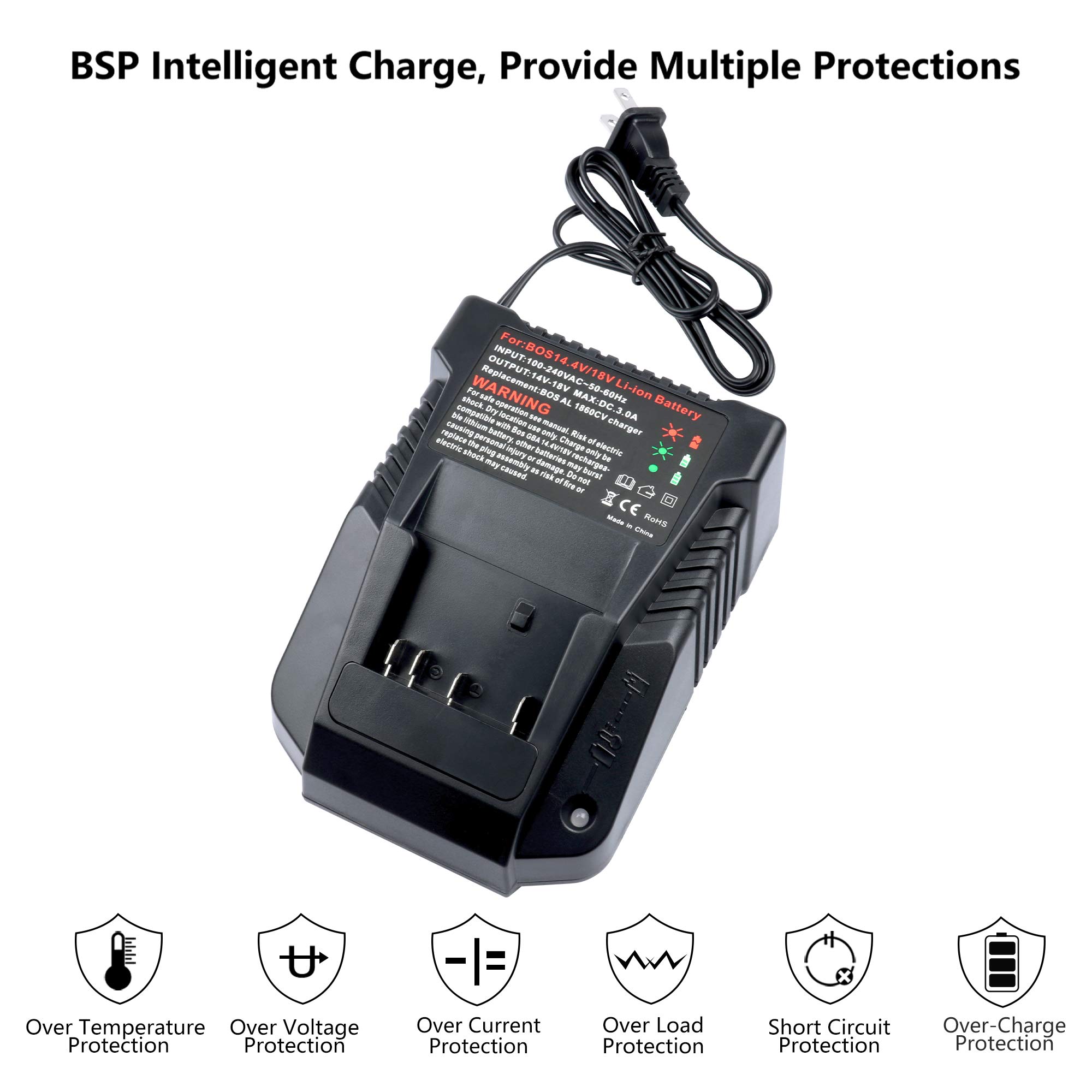 Batteriol BC660 BC1880 18V 14.4V Li-ion Battery Replacement Charger for Bosch BAT609 BAT609G BAT618 BAT618G BAT614 2607336236 Cordless Electrical Drill Lithium-Ion Battery Slide-in Style AL1860CV