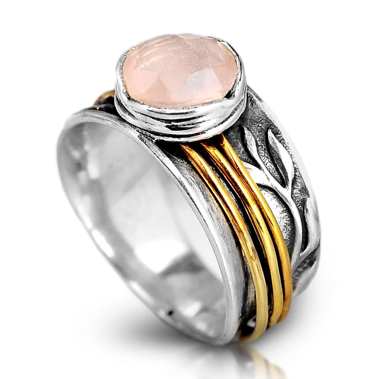 Boho-Magic 925 Sterling Silver Rose Quartz Leaf Spinner Fidget Ring for Women Pink Gemstone (10)