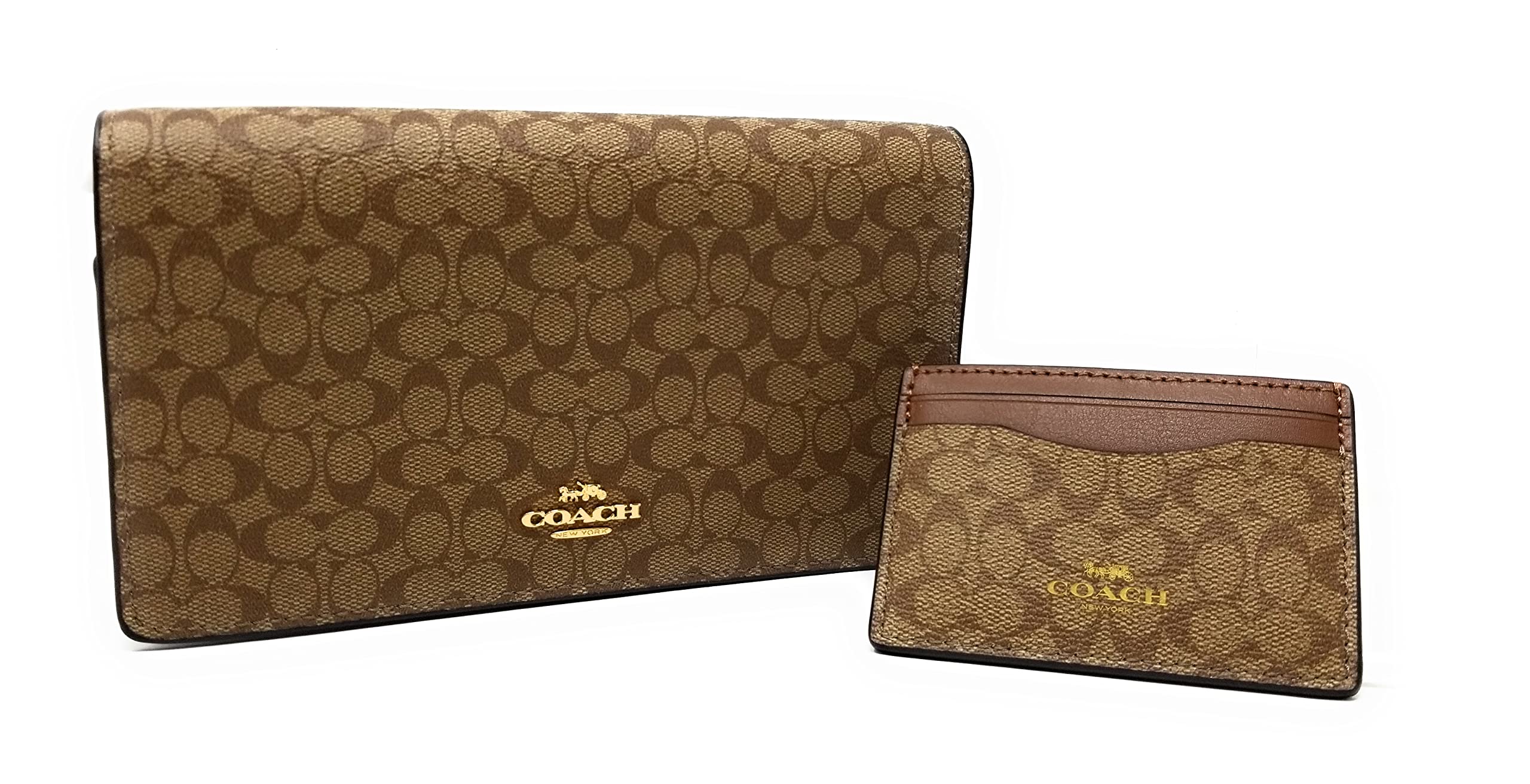 COACH Women's Boxed Anna Foldover Clutch Crossbody And Card Case Set (Signature Canvas - Khaki - Saddle)