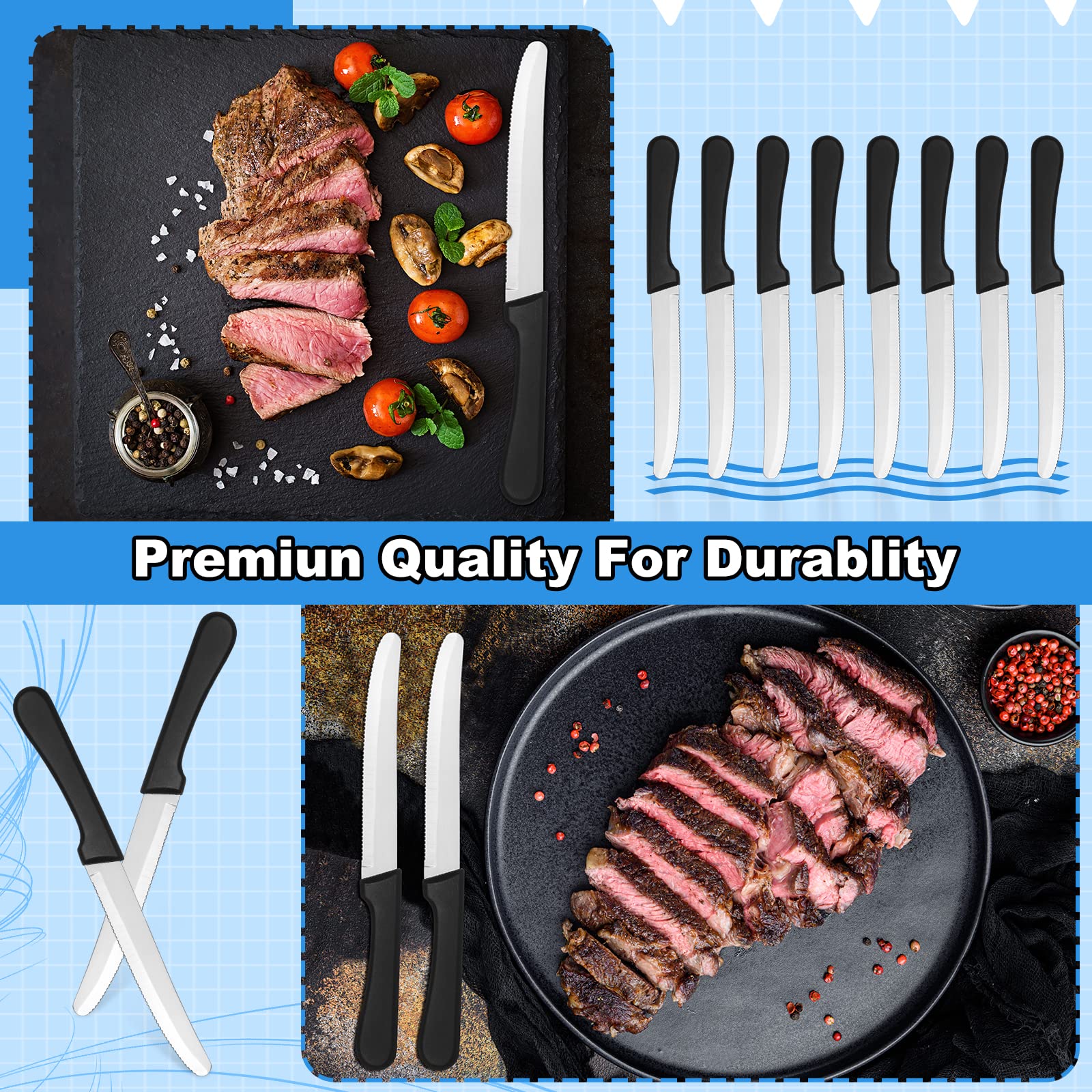 Geelin 50 Pieces 8.5 Inch Rounded Serrated Blade Steak Knives Stainless Steel Round Tip Blade Steak Knife with Plastic Handle for Kitchen Butter Cutlery Restaurant