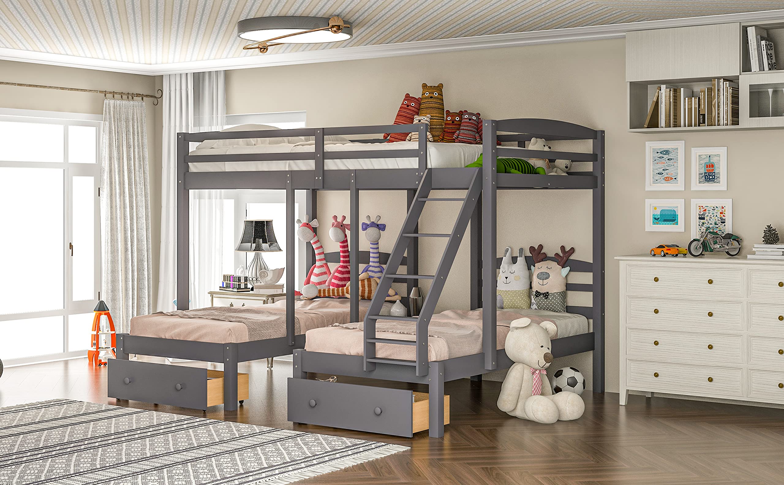 Full over Twin & Twin Bunk Bed,Triple Bunk Bed Frame for Boys Girls Kids Adults Toddler with Drawers, Gray
