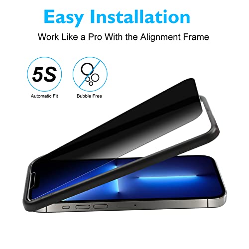 Esanik [3+2 Pack] Privacy Screen Protector for iPhone 14 6.1" Anti-Spy Tempered Glass + Camera Lens Protector, Installation Frame, 9H Hardness, Case Friendly, Easy Installation, Bubble Free