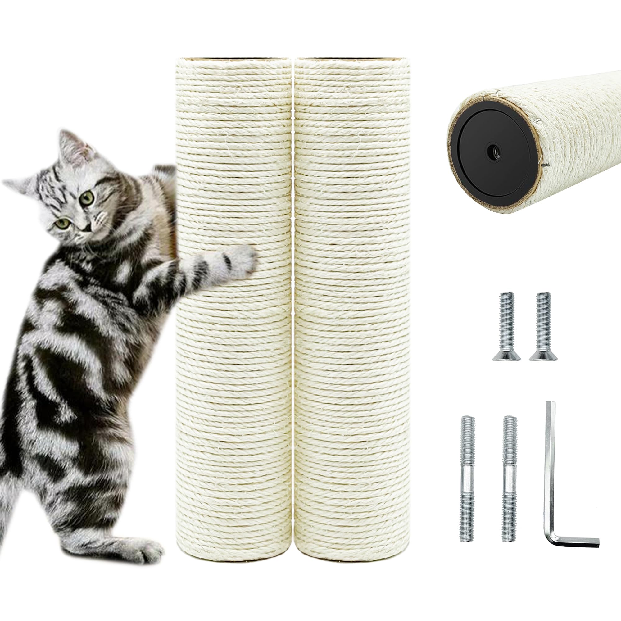 Cat Scratching Post Replacement Pole,2 PCS 11.81in Cat Tree Replacement Post,Natural Sisal Cat Tree Replacement Parts with M8 Screws,Cat Scratch Post Replacement for Refurbishment (11.8in/30cm)