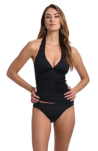 La Blanca Women's Standard Island Goddess Halter Tankini Swimsuit Top, Black, 14