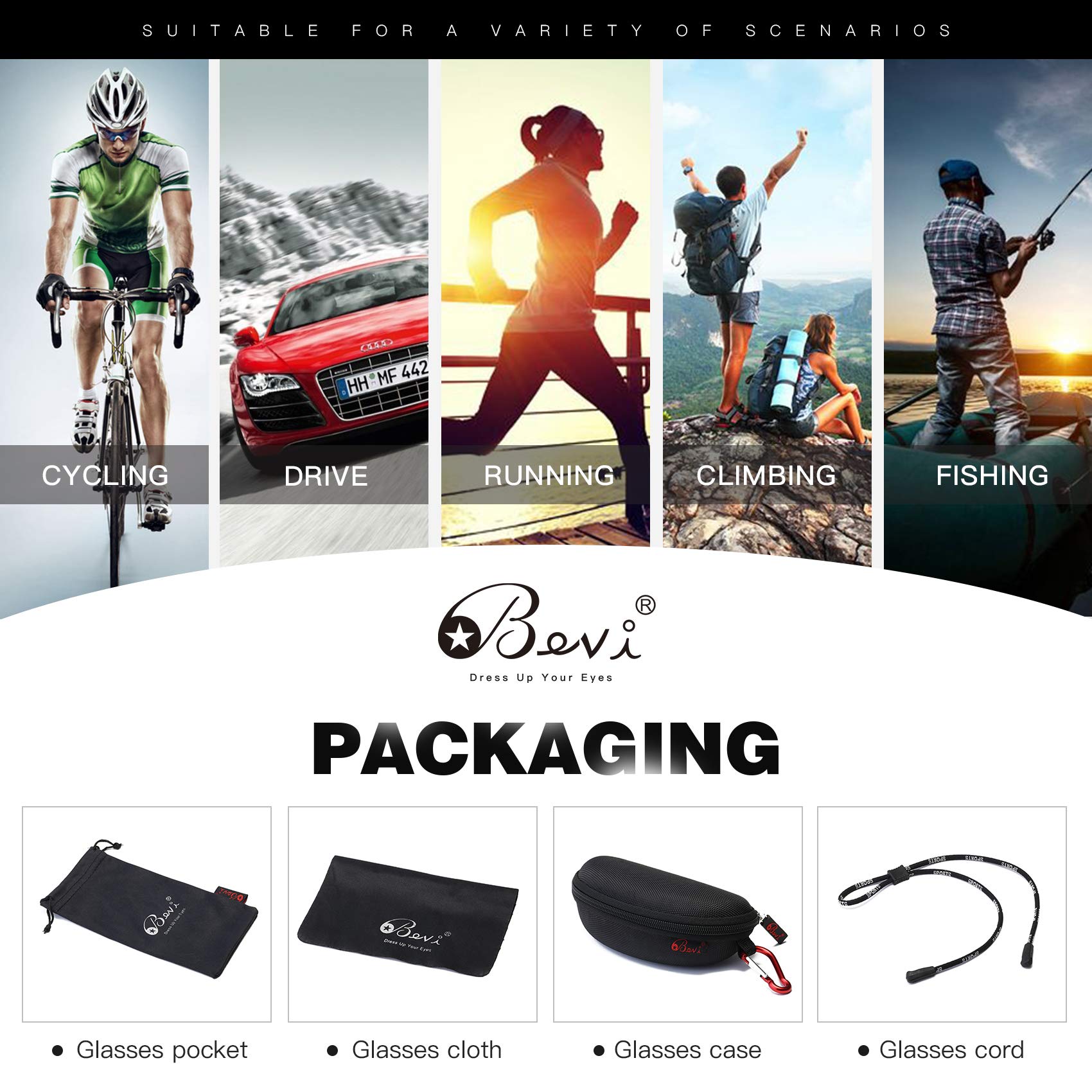 Bevi Polarized Sports Sunglasses Ultralight TR90 Frame Glasses Flexible and Durable for Men Women Sun Glasses 2701C7