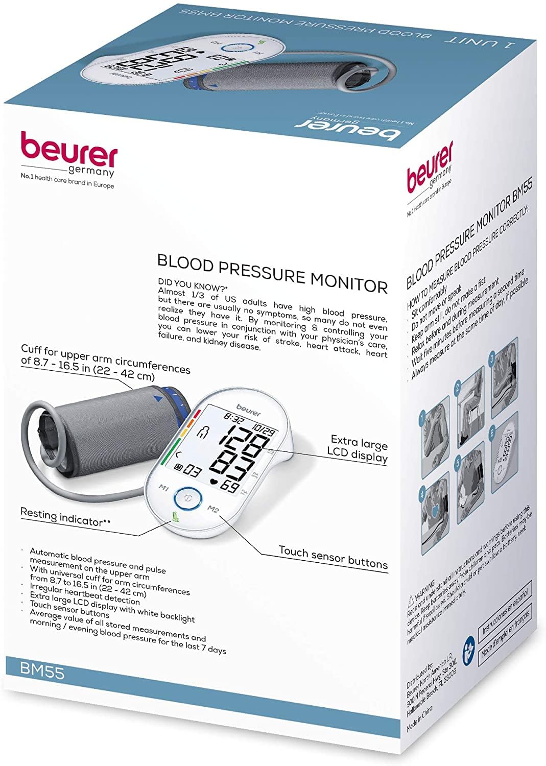 Beurer BM55 Blood Pressure Machine β XL Backlit Display, Arrhythmia Alarm, Portable Storage Kit, 2 Users, Automatic Blood Pressure Cuff, Resting Indicator β Blood Pressure Monitor Batteries Included