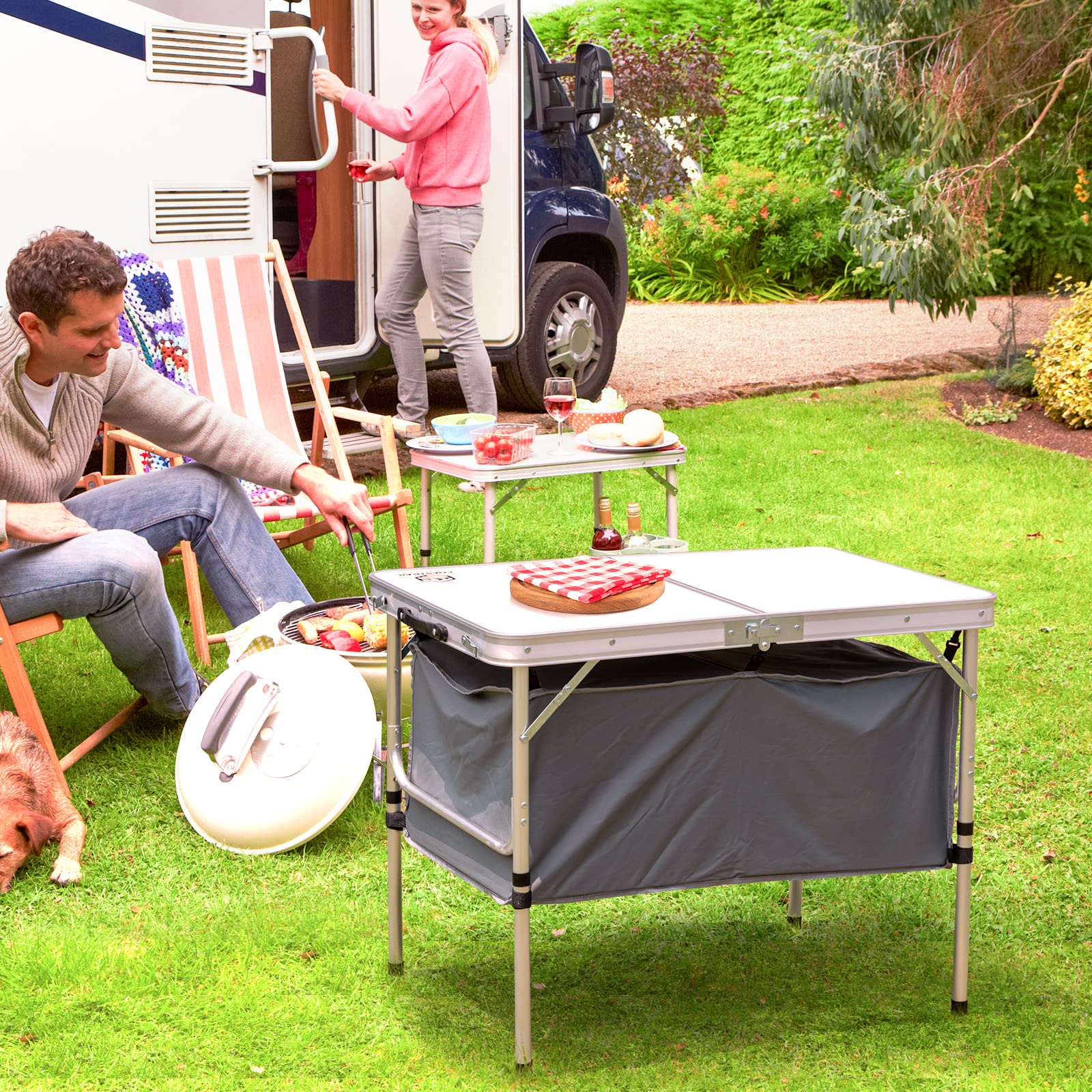 Coastrail Outdoor Folding Camping Table with Storage Height Adjustable Portable Lightweight Camping Table for Party, BBQ, Backyards and Picnic, White, 36 inch X 24 inch X 28 inch