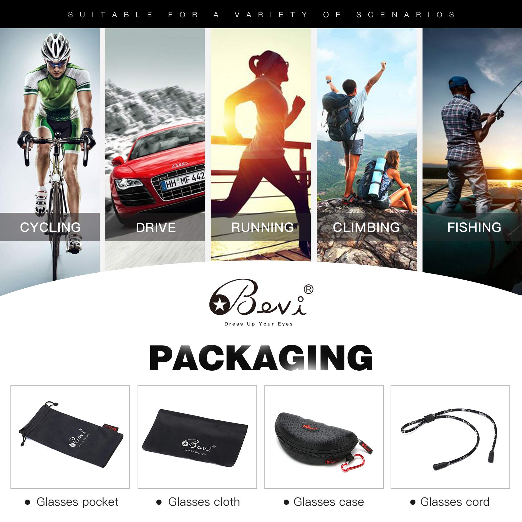 Bevi Polarized Sports Sunglasses for Men Women Baseball Running Cycling Golf Tr90 Durable and Ultralight Frame 2735C6