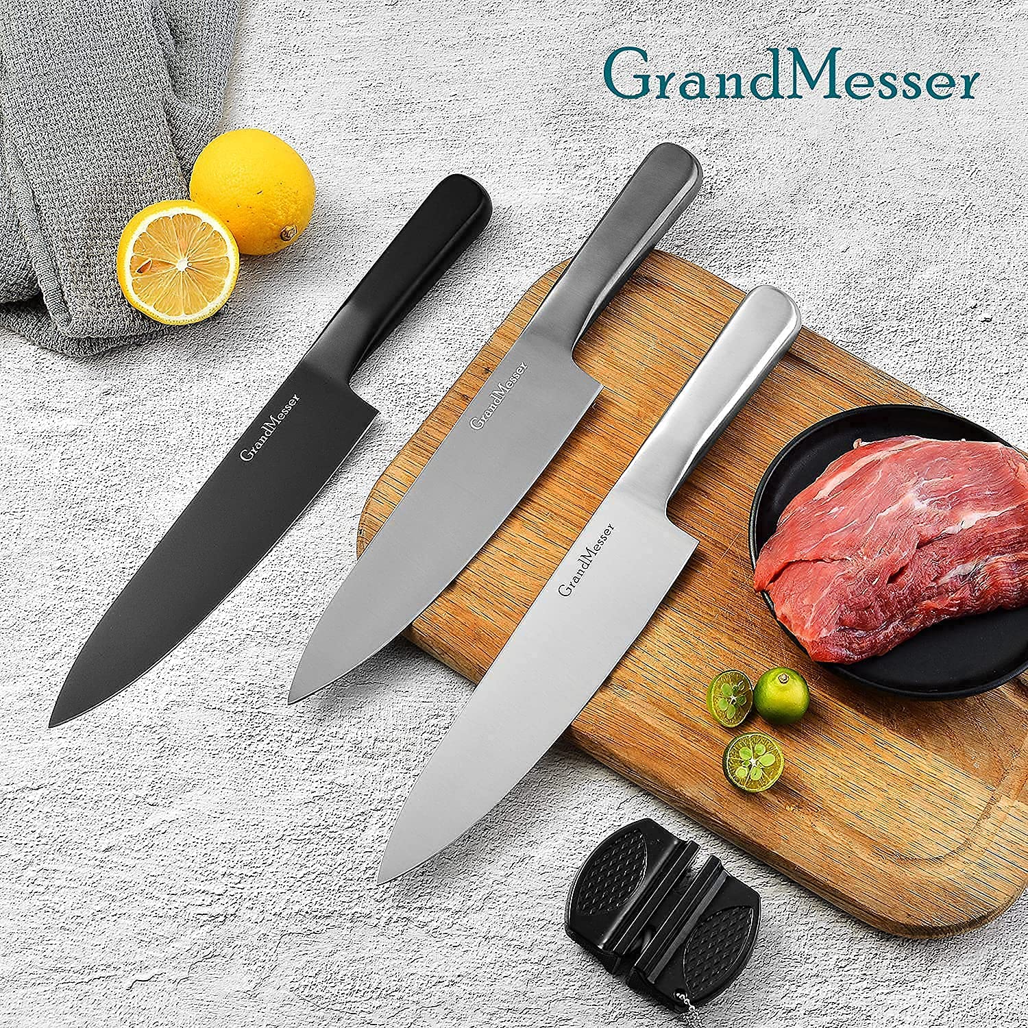 Cooking Chef Knife, 8 Inches Carbon Stainless Steel Kitchen Knife with Sharpener and Ergonomic Handle, Chopping Knife for Professional Use(Matte Stainless)