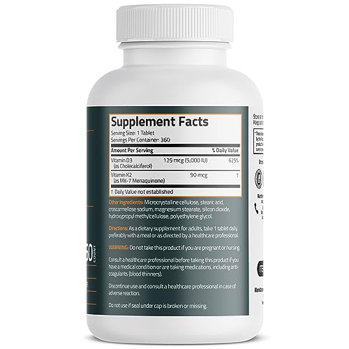 Bronson Basics Vitamin K2 D3 (MK7) Supplement Non-GMO Formula 5000IU (125 mcg) Vitamin D3 & 90 mcg Vitamin K2 MK-7 Easy to Swallow Vitamin D & K Complex, 360 Tablets