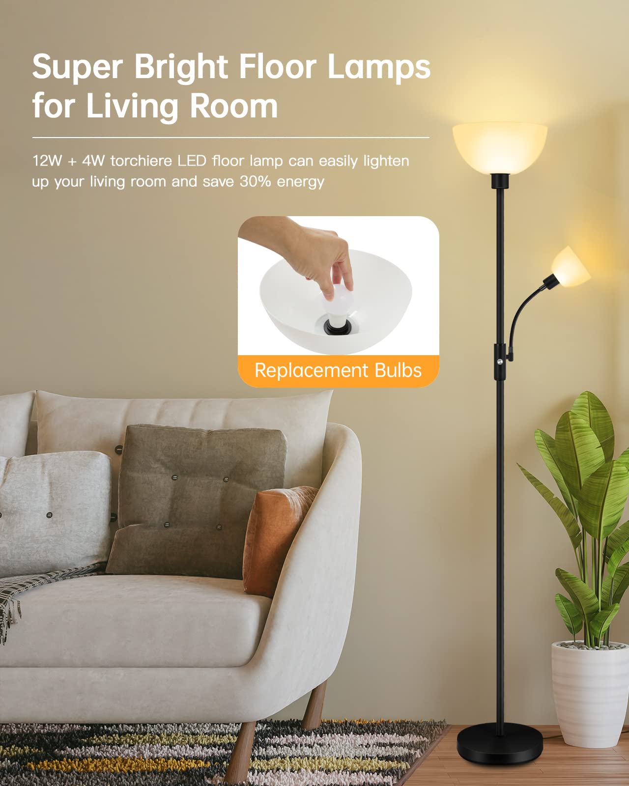 BoostArea Floor Lamps for Living Room, Modern Floor Lamp with Reading Lamp(12W, 4W), Bright Standing Lamp with Bulbs, 70.5" Tall, White Plastic Lampshades,3-Way Rotary Switch, Simple Pole Lamps, Black