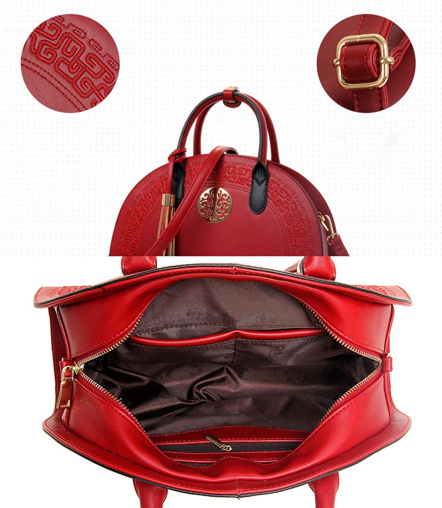 QZUnique Women's PU Embroidery Tassels Ethnic Style Handbag Bride Bag Crossbody Shoulder Bag Red