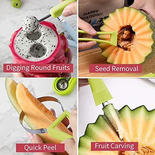 Esmartlife Melon Baller Scoop Set, Professional 4 In 1 Stainless Steel Fruit Carving Tools Knife Kit,Fruit Scooper Double Sided Melon Baller for Watermelon Ice Cream(Green)