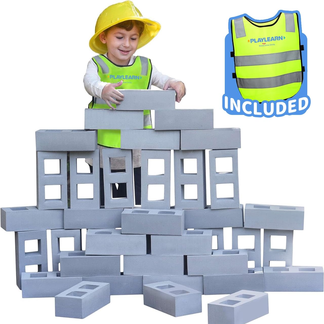 Playlearn 40pc Foam Cinder Blocks for Kids - Children’s Reflective Vest and Storage Bag Included - Actual Brick Size- Lightweight, Soft Building Blocks - Fake Brick Blocks