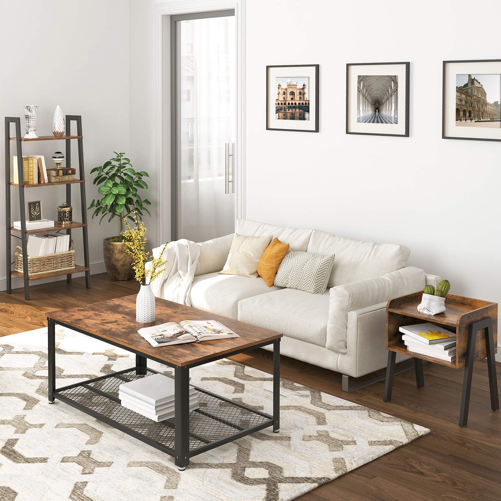 VASAGLE Side Table, End Table, Nightstand with Storage Compartment, Industrial Accent Furniture for Bedroom, Rustic Brown and Black ULET54X