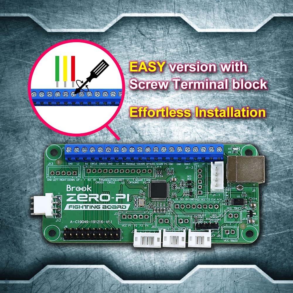 Brook Zero- Pi Fighting Board Easy Version - Compatible with Switch/ PS3/ PS2/ PS/PC(X-Input)/ Retro Gaming Emulator to Arcade Stick Screw Terminal Header Included