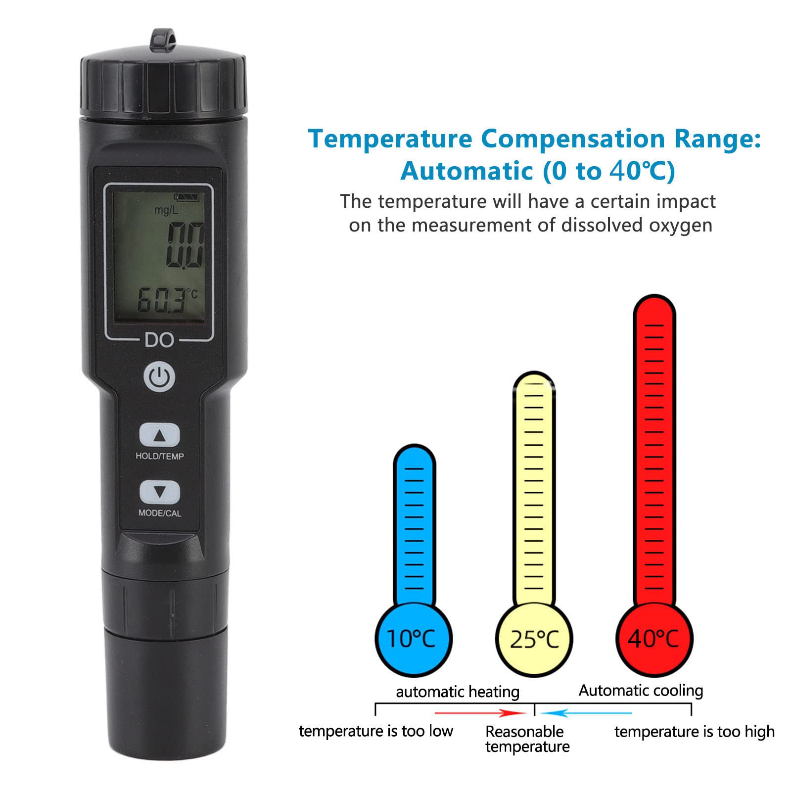 Digital Dissolved Oxygen Measuring esting pH Meters Meter, Detachable Probe Digital Screen Display Dissolved Oxygen Sensor, Dissolved Oxygen Sensor for Aquarium Experiment Research (Without Backlit)