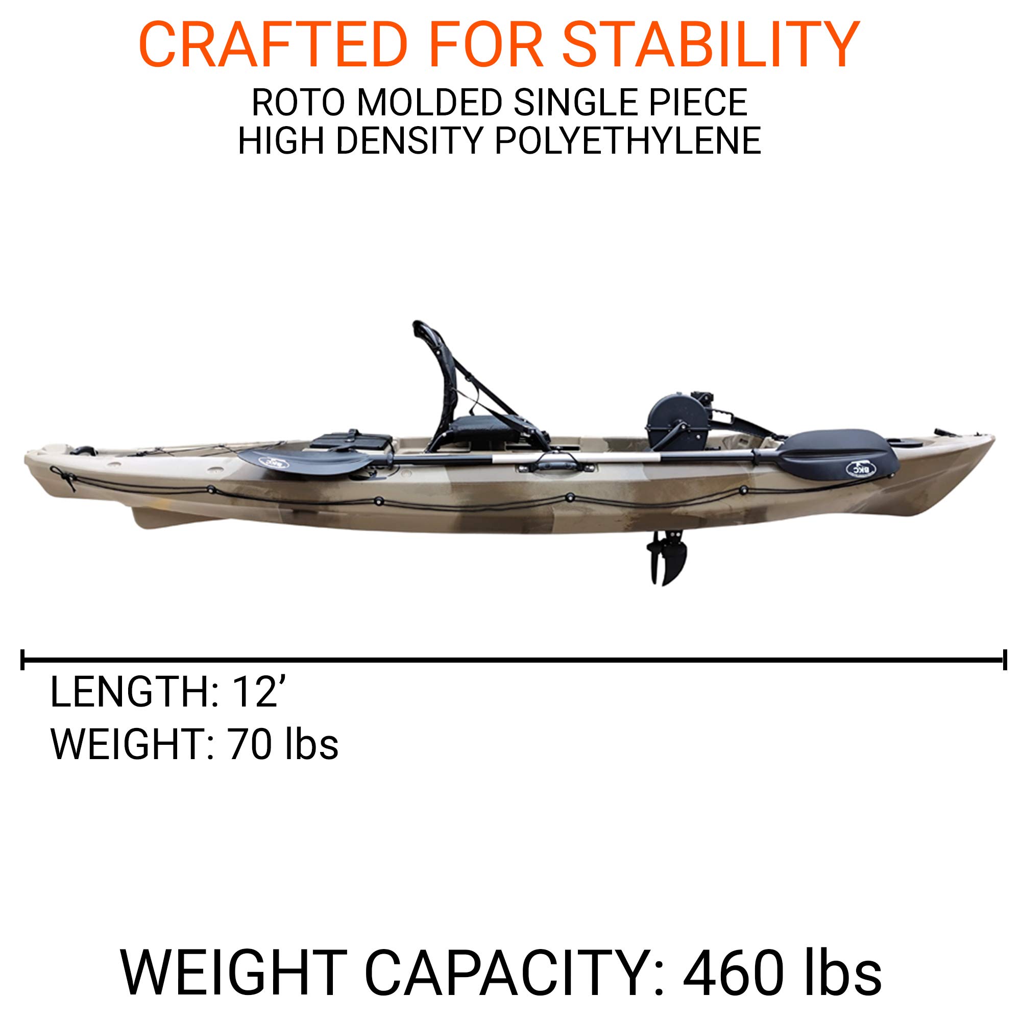 BKC PK12 Angler 12' Solo Sit-On-Top Fishing Kayak, Propeller-Drive w/Instant Reverse Pedal Drive, Rudder System, Paddle, and Upright Aluminum Frame Backrest Support Seat