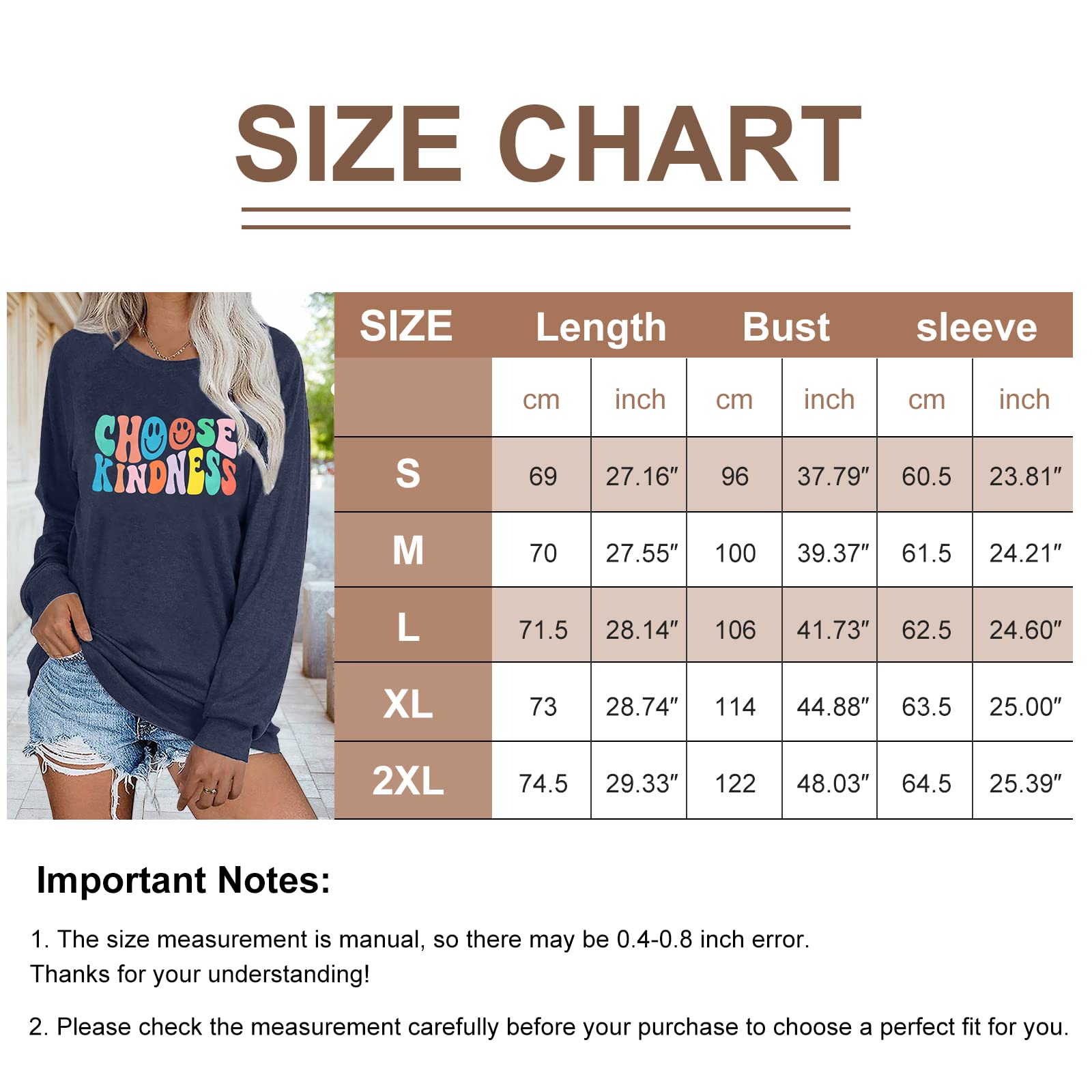 Choose Kindness Shirts Women Inspirational Graphic Tees Funny Casual Be Kind Long Sleeve Tops (Blue, XL)