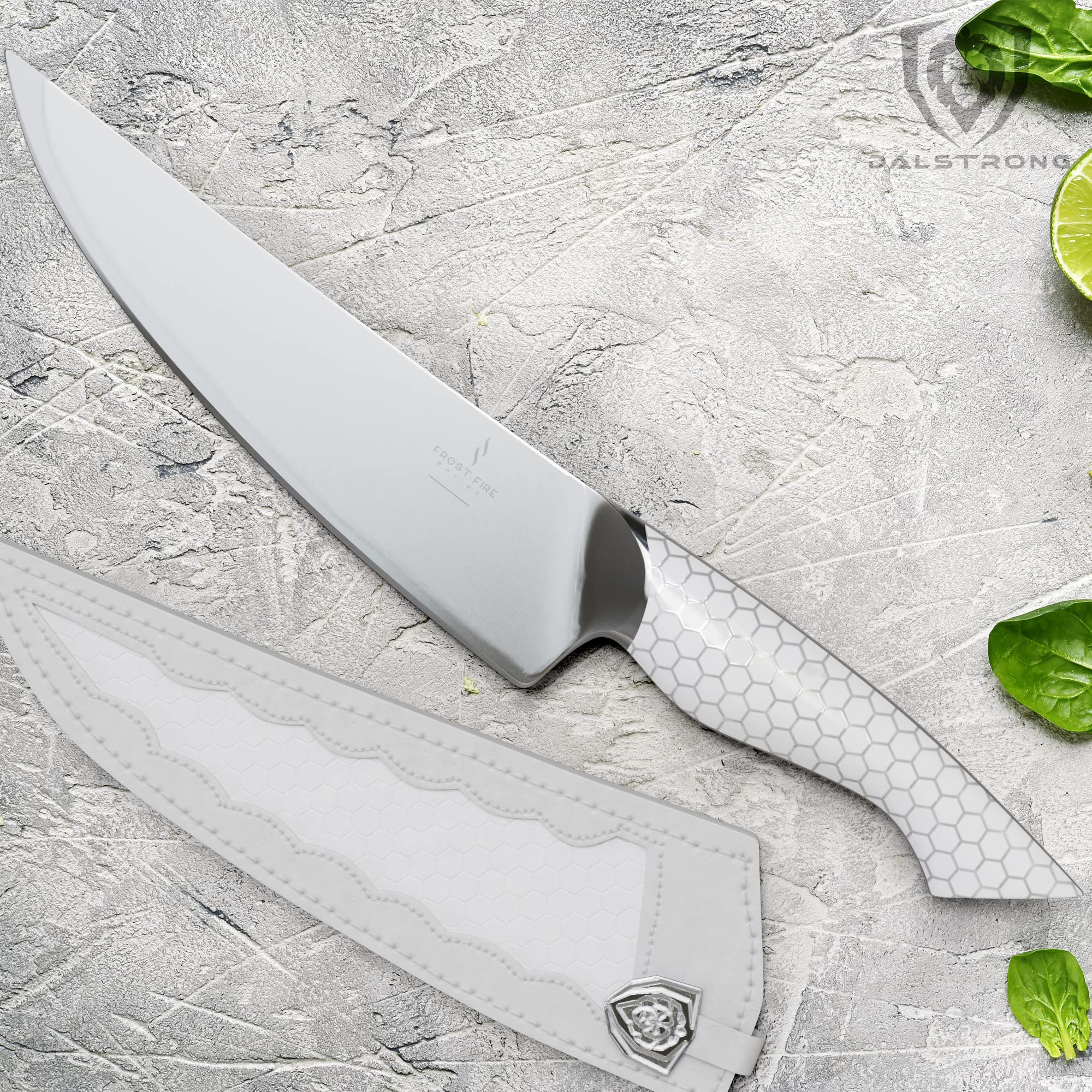 DALSTRONG Chef Knife - 8 inch - Frost Fire Series - High-Chromium 10CR15MOV Stainless Steel - Sand Blasted Frosted Finish Kitchen Knife - White Honeycomb Handle - Sheath - Chef's Knife - NSF Certified
