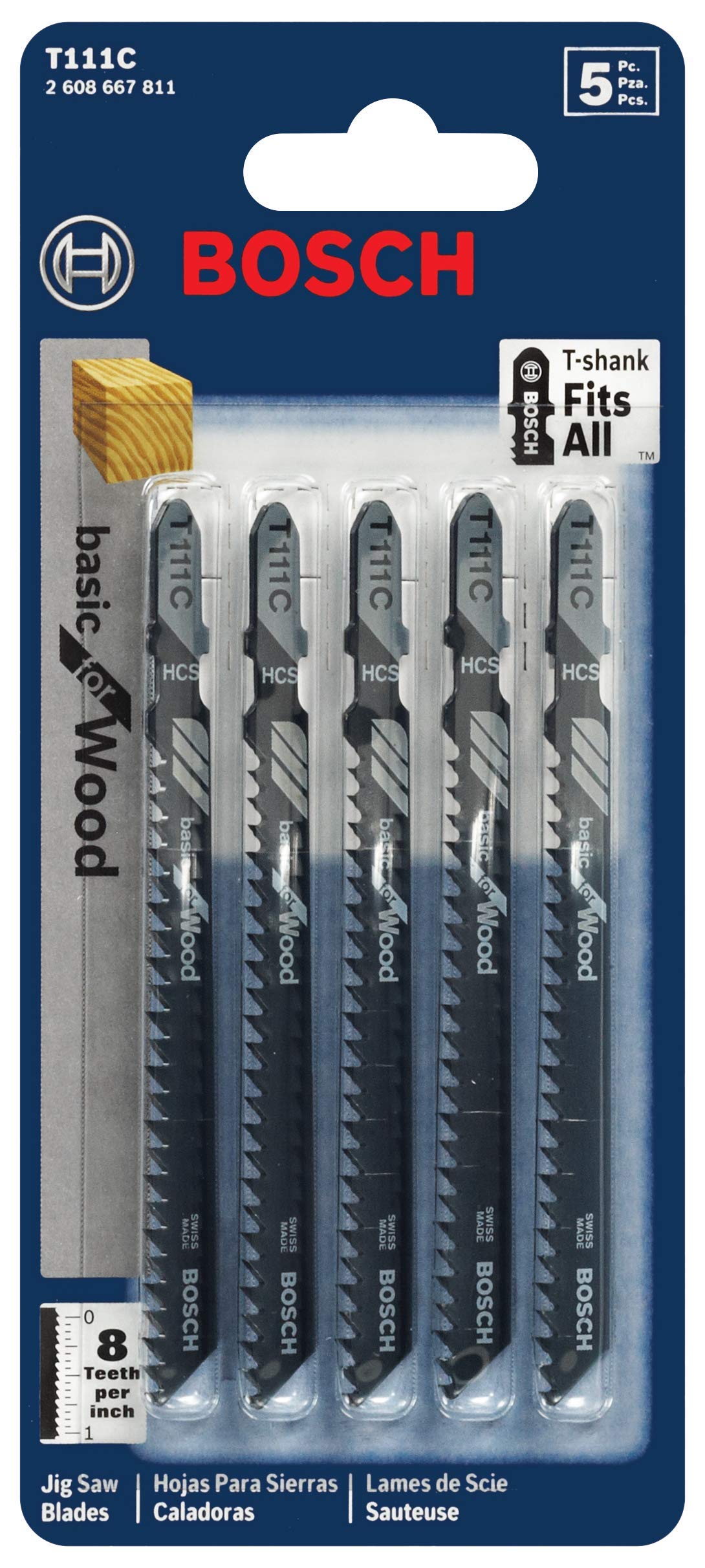 BOSCH T111C 4-Inch 8-Tooth Jig Saw Blade, 5-Pack Fast Cuts for Wood ,Silver