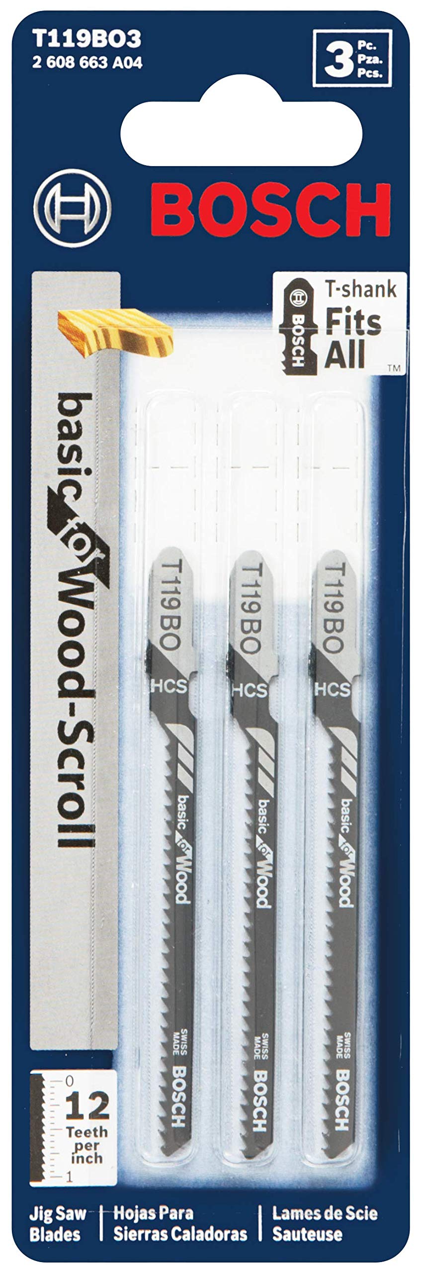 BOSCH T119BO3 3-Piece 3-1/4 In. 12 TPI Basic Wood Cutting T-Shank Jig Saw Blades