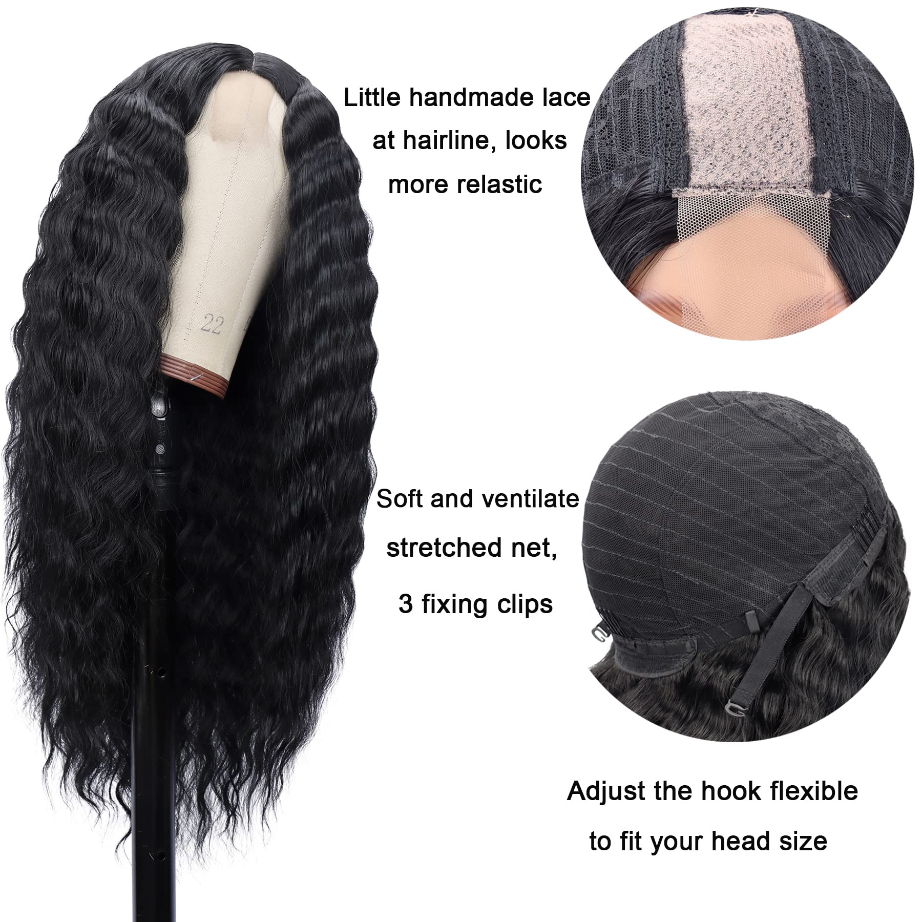 Mairead 28 Inch Long Curly Synthetic Wigs for Black Women Skunk Stripe Wig Side Part Loose Deep Wave Wig Small Lace Front Wigs Natural Looking Crimps Curls Wig