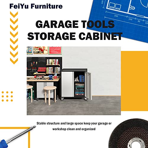 Metal Storage Cabinet with Wheels, Mobile Garage Cabinet with Locking Doors and One Adjustable Shelf, Lockable Storage Cabinet for Utility Room, Home, Office