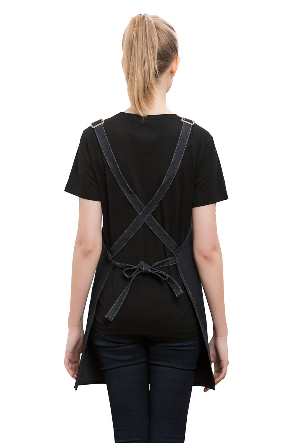 Denim Cross-Back Chef Bib Apron with Pockets for Men and Women (Black)