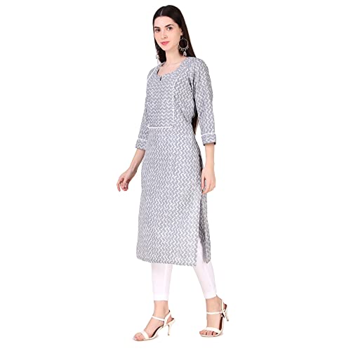 ladyline Traditional Printed 100% Cotton Kurtis for Women with Lace work Tunic Top (CPK LLJP) (46/Gray)