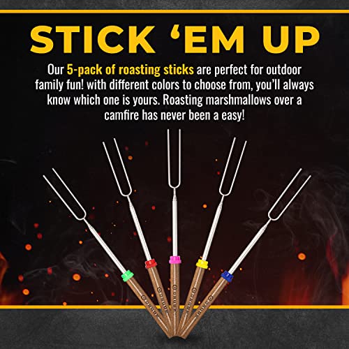 CORQUE Marshmallow Roasting Sticks, Smores Sticks, Extendable, Camping Skewer for Fire Pit, Wooden Handle, 32inch Metal for BBQ Hotdog, Cooking, Campfires, Bonfires, Set of 5