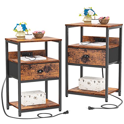 Furologee Nightstand Set of 2 with Charging Station, End Table with USB Ports&Power Outlets, 3-Tier Storage Shelf Tall Bedside Table, Industrial Side Table with Fabric Drawer for Bedroom/Living Room