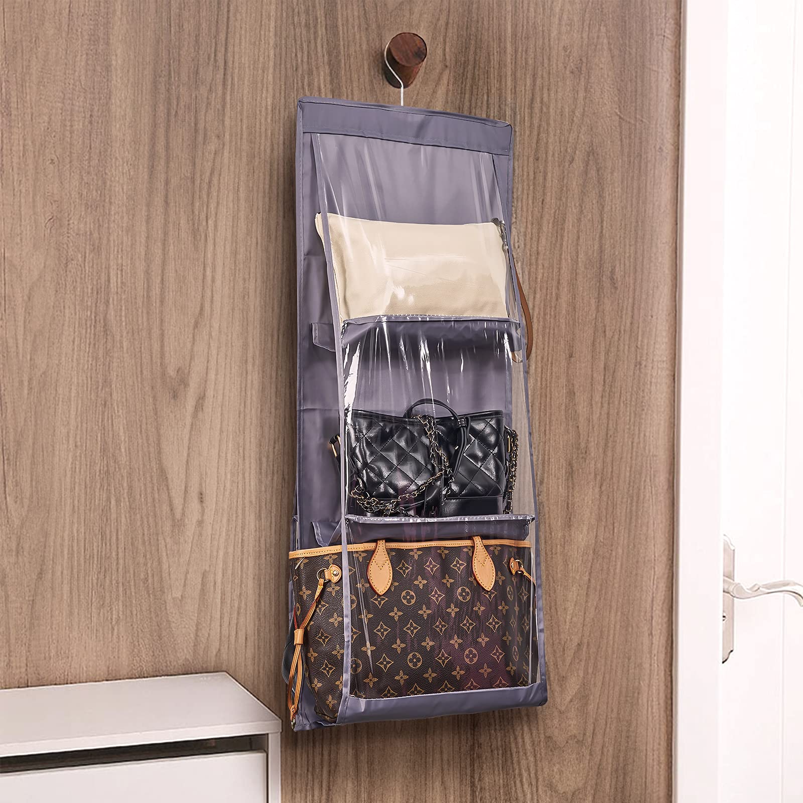 Vercord Hanging Purse Organinzer Handbag Tote Hanger Closet Dustproof Storage Bag with Six Pockets Grey