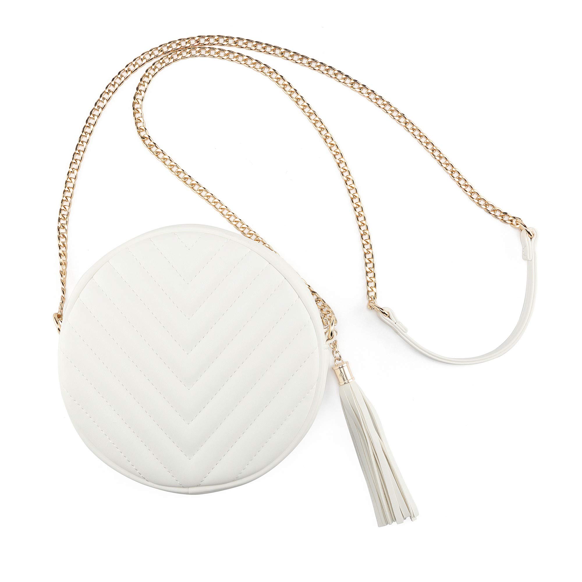 CHIC DIARY Small Crossbody Bags for Women Round Quilted Purse with Tassel Faxu Leather Shoulder bag (White)