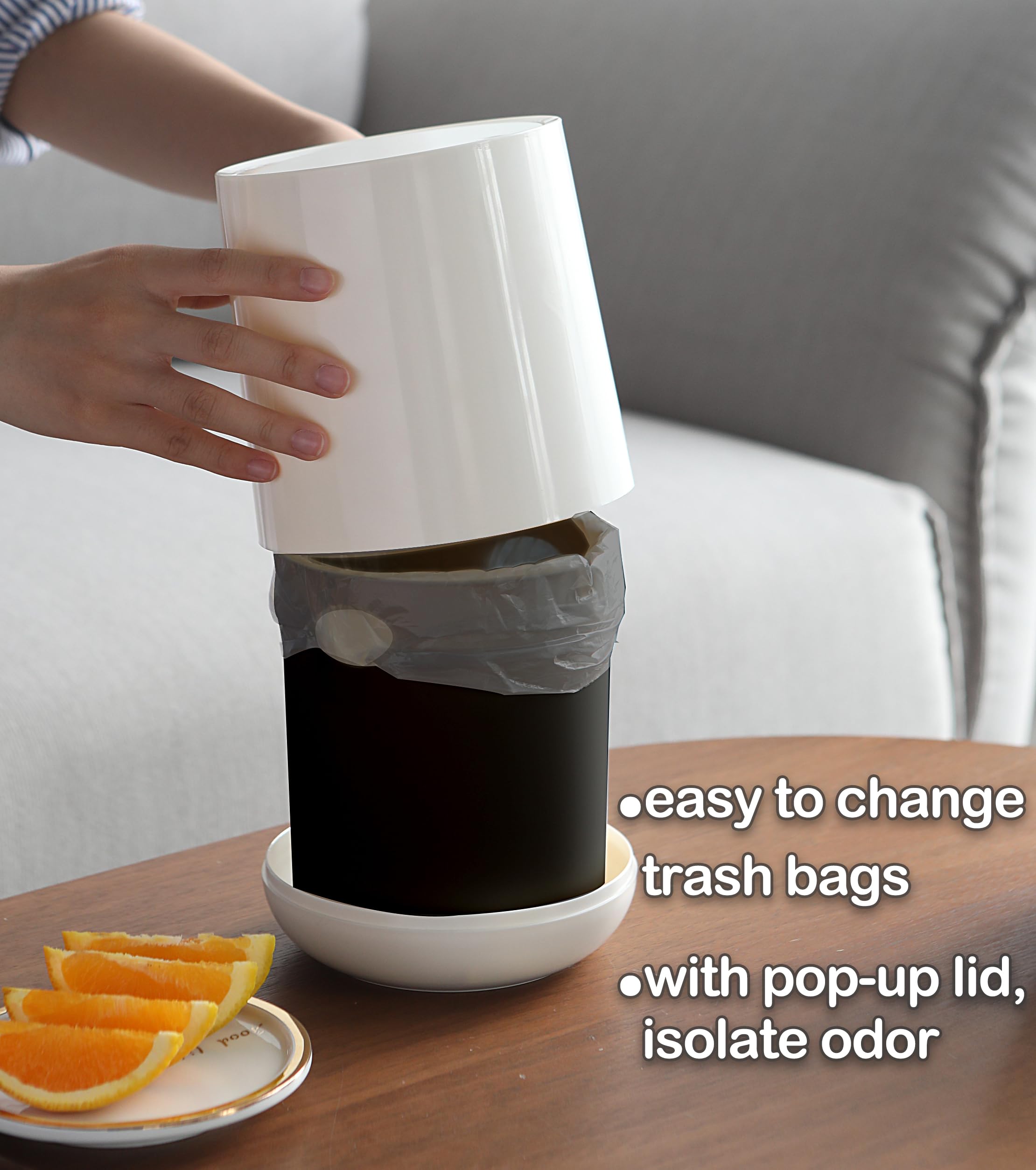 COMODID Small Trash Can with Lid for Countertop, Mini Trash Can for Desk, Small Garbage Can with Press-Top, Desktop Trash Bin, Tabletop Waste Basket for Kitchen, Bedroom, Bathroom, 2L/ 0.5GAL (White)